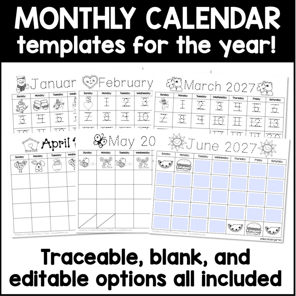Calendar Worksheets Kindergarten Editable Monthly Templates Blank and ...