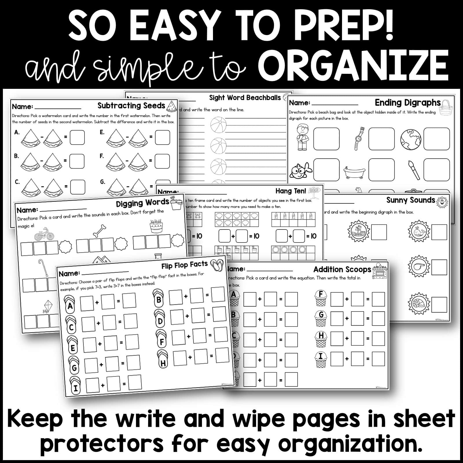 Summer Kindergarten Centers Write and Wipe Activities & Sensory Bins ...